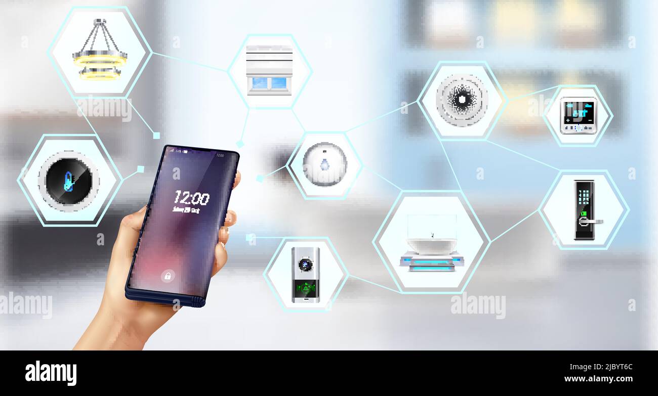 Smart home devices climate security control hand holding smartphone ...