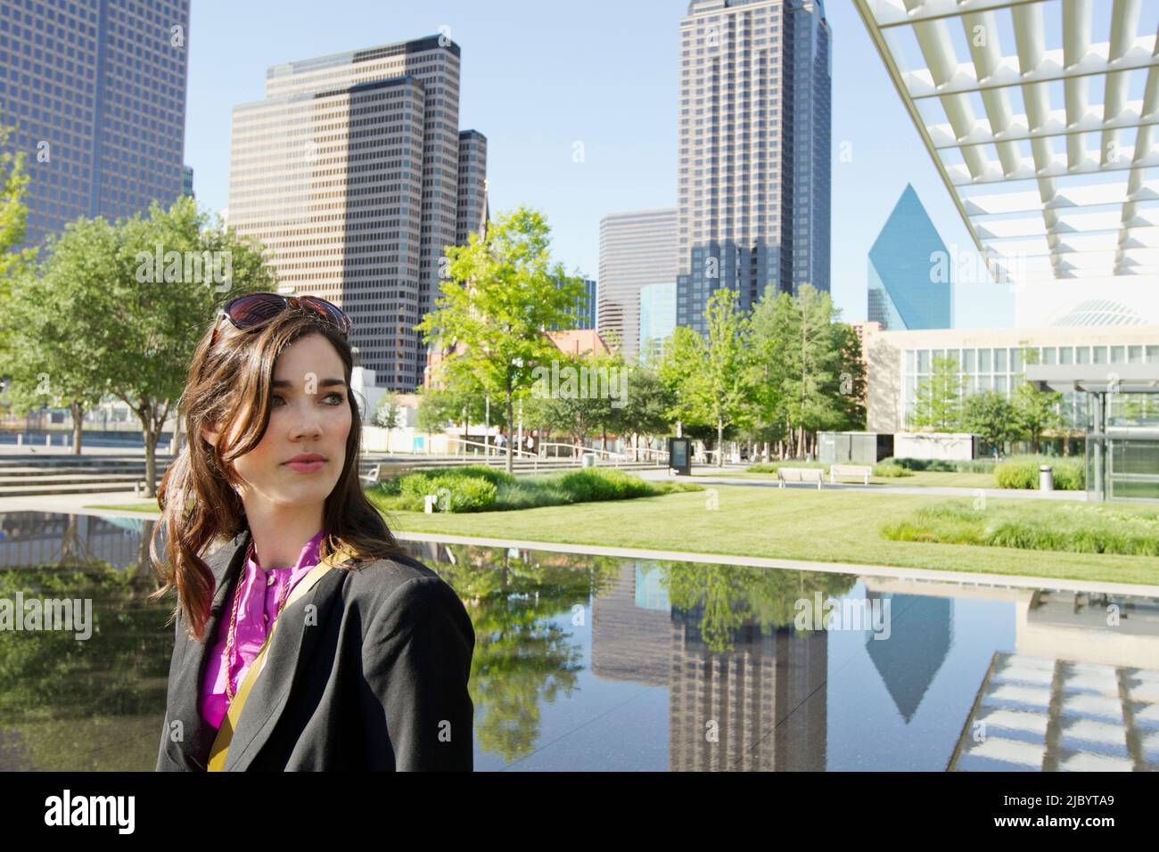Caucasian woman in urban park, Dallas, Texas, United States Stock Photo ...