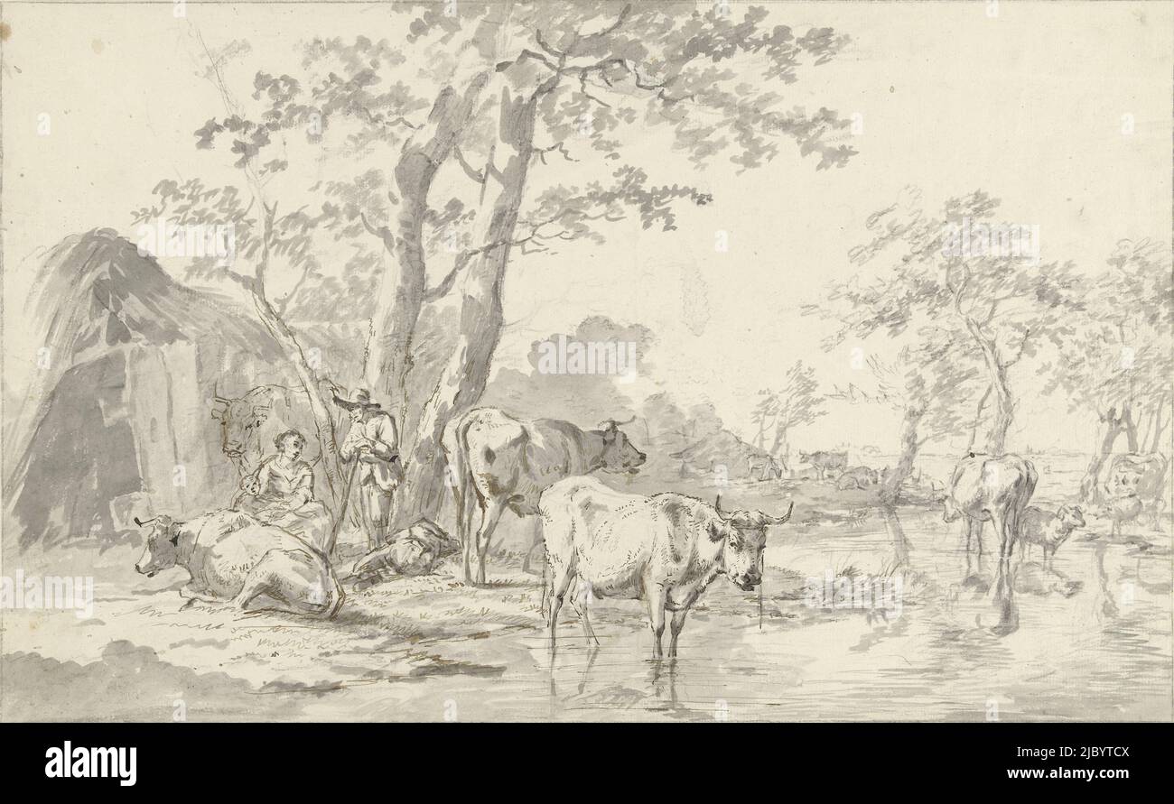 Shepherd with wife and child with cattle under trees by water, Jan ...