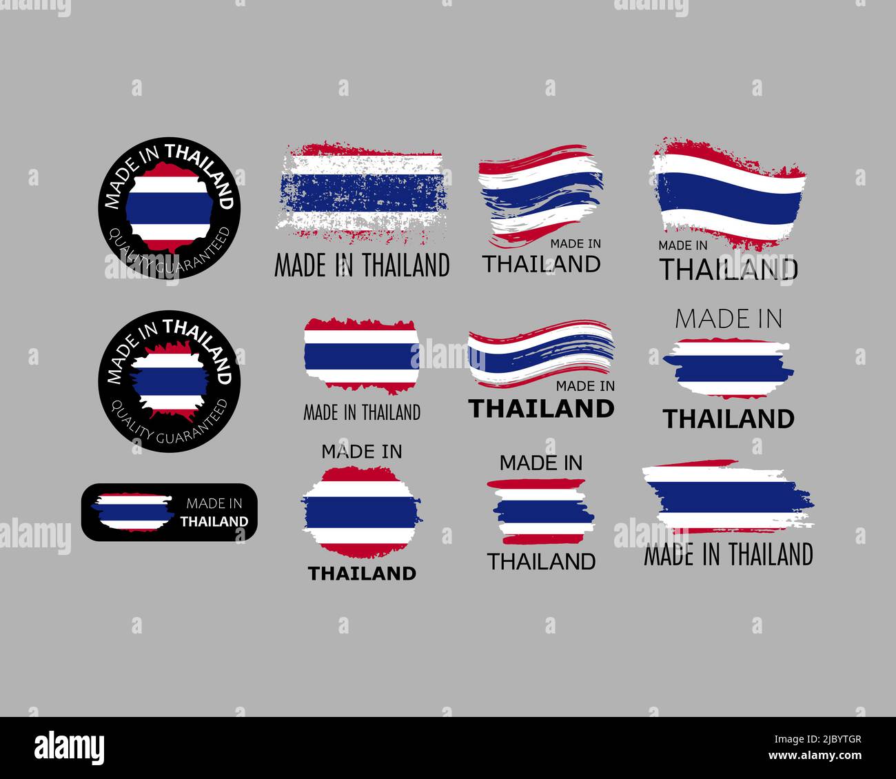 Set of stickers. Made in Thailand. Brush strokes shaped with Thai flag ...