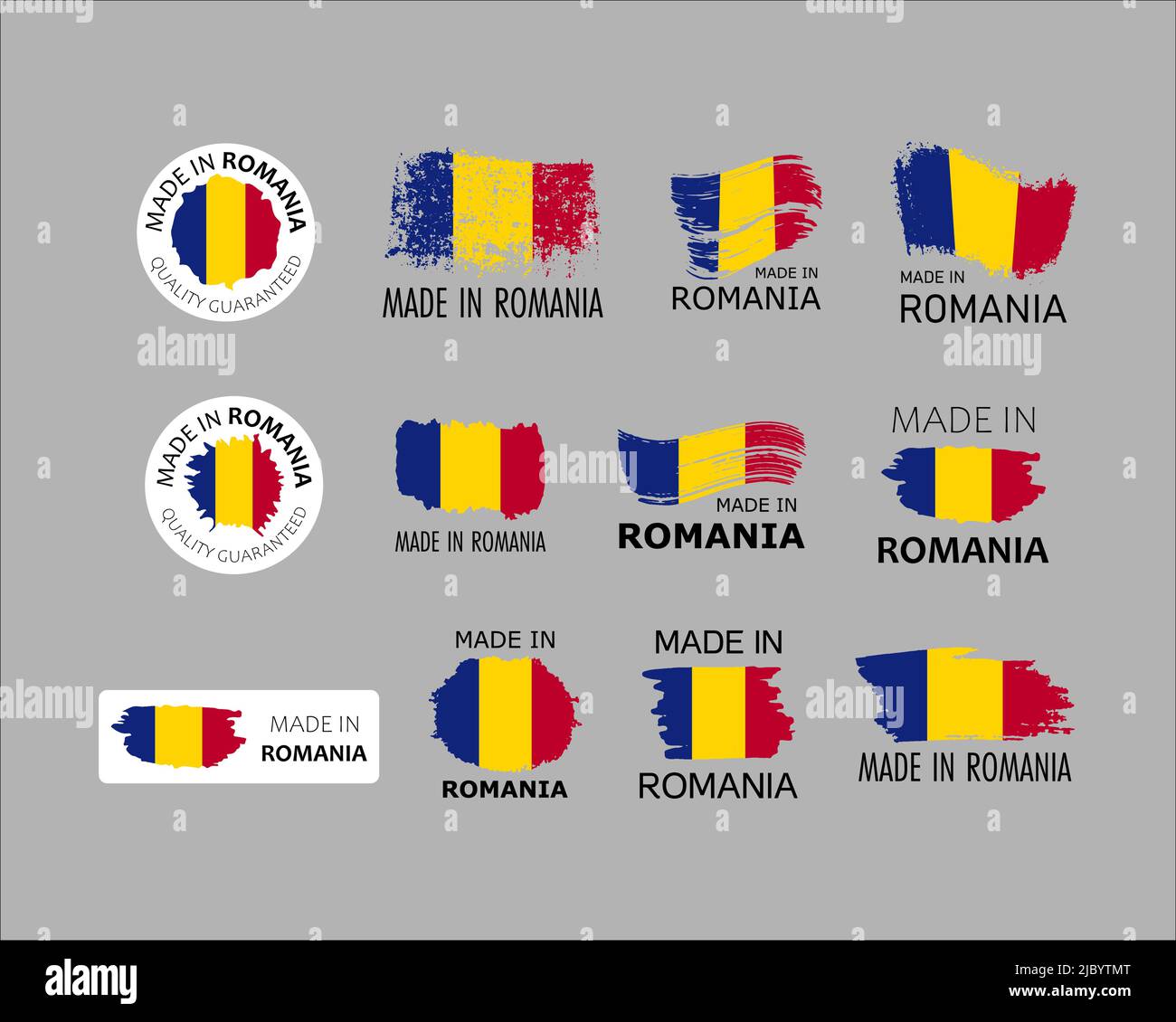 Set of stickers. Made in Romania. Brush strokes shaped with Romanian ...