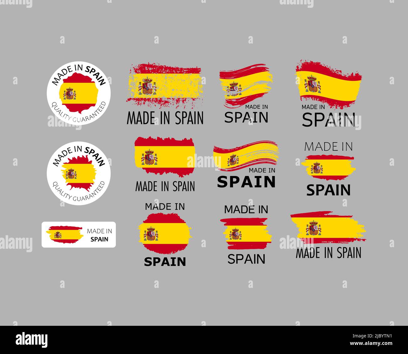 Set of stickers. Made in Spain. Brush strokes shaped with Spanish flag ...