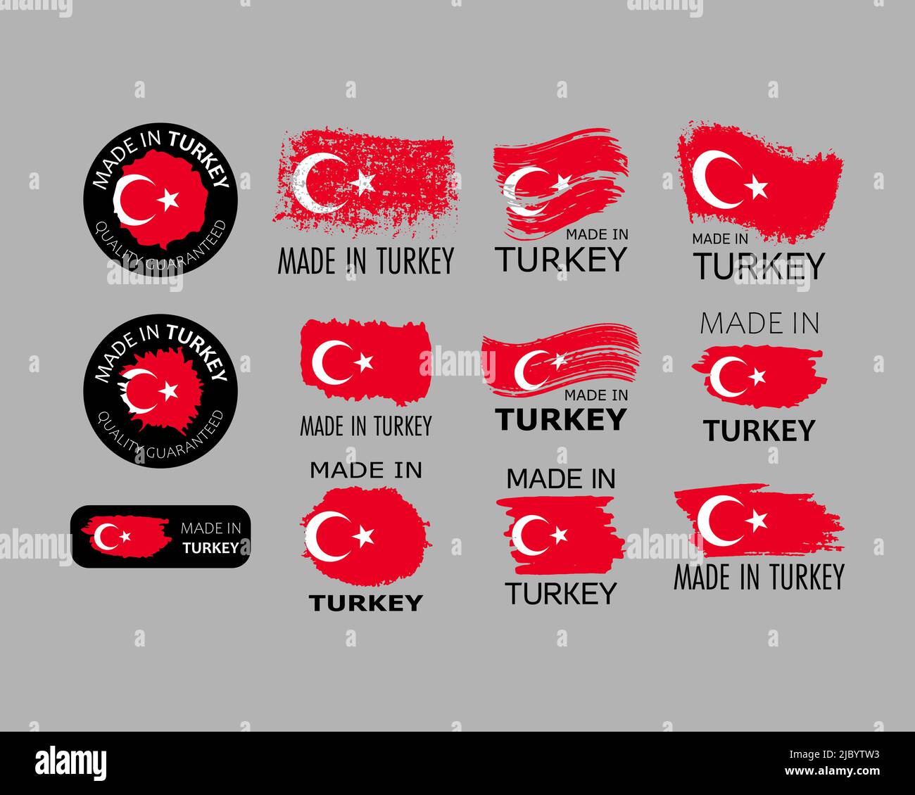 Set of stickers. Made in Turkey. Brush strokes shaped with Turkish flag ...