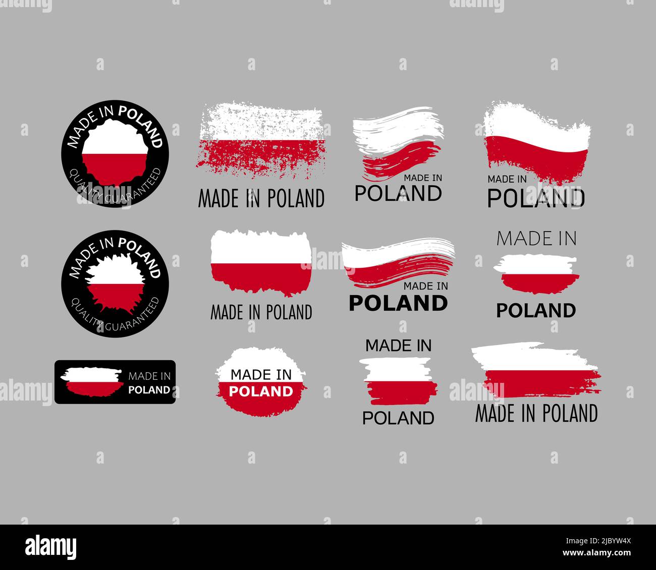 Set of stickers. Made in Poland. Brush strokes shaped with Polish flag ...