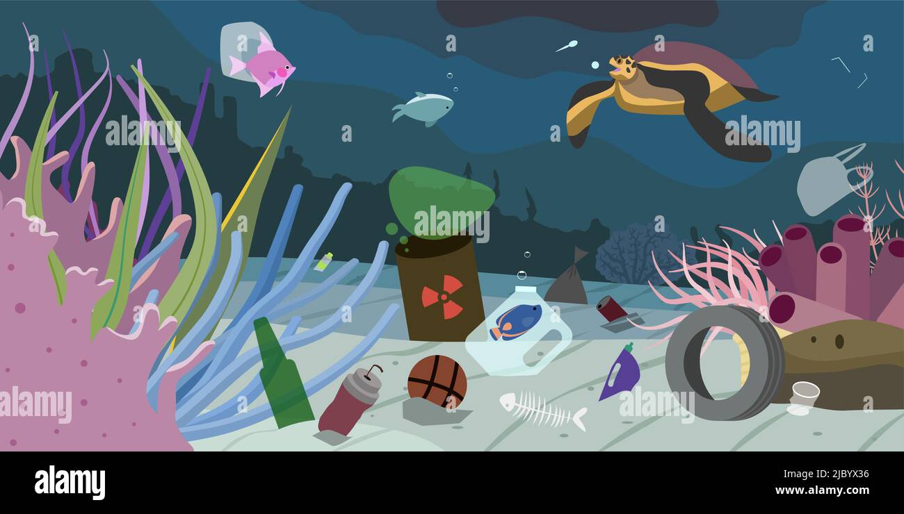 Water pollution background with sea creatures and garbage on bottom ...