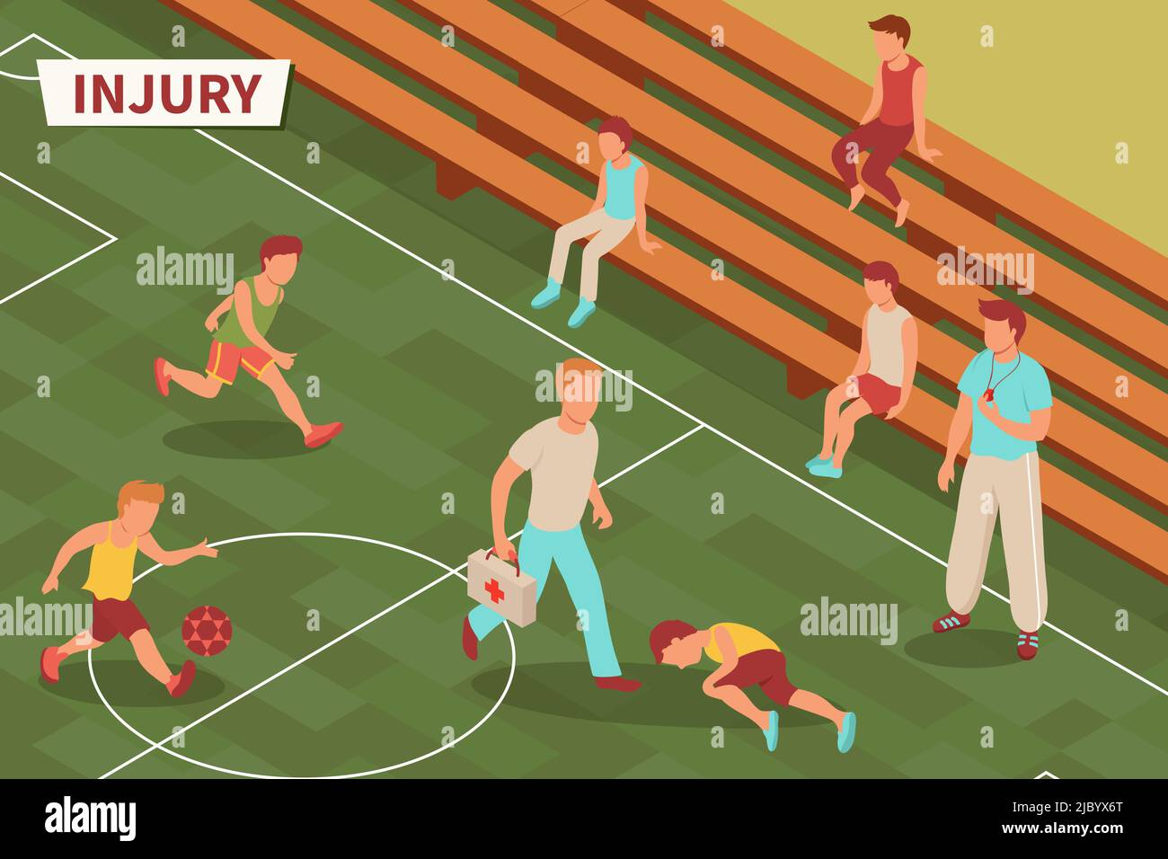 Sport injury isometric composition with text and football playground ...