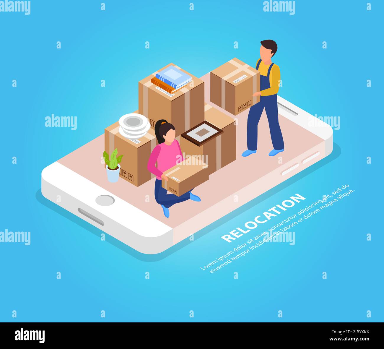 Relocation mobile service background with packing and transportation ...