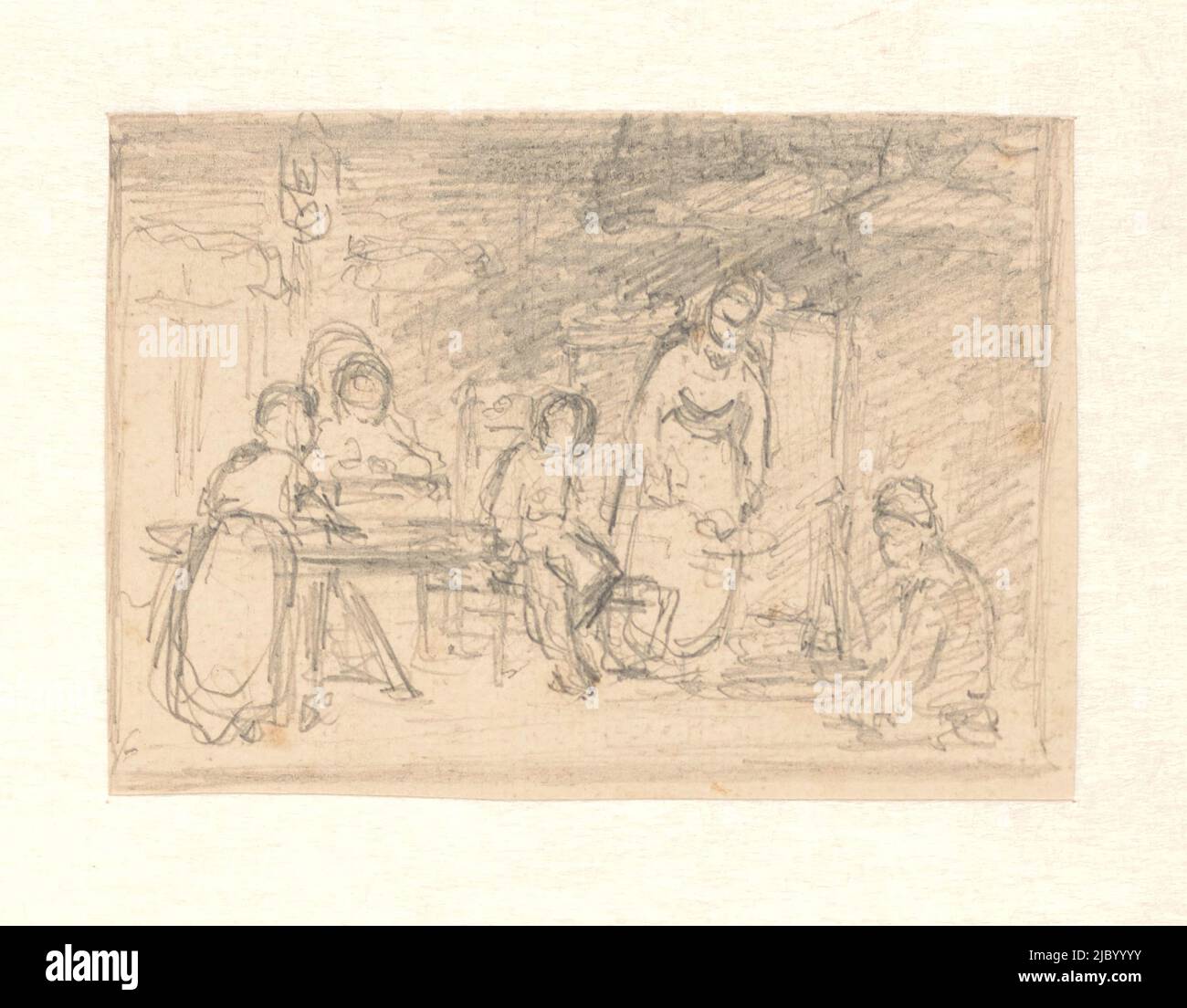Interior with five people at table and near fireplace, Hendrik ...