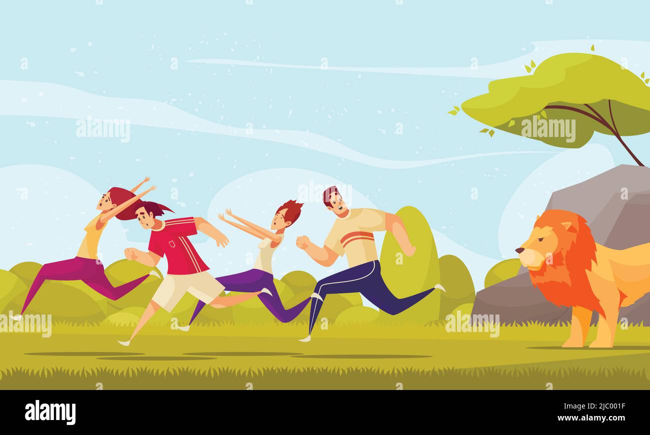 Colorful cartoon background with stressed adult people running away ...