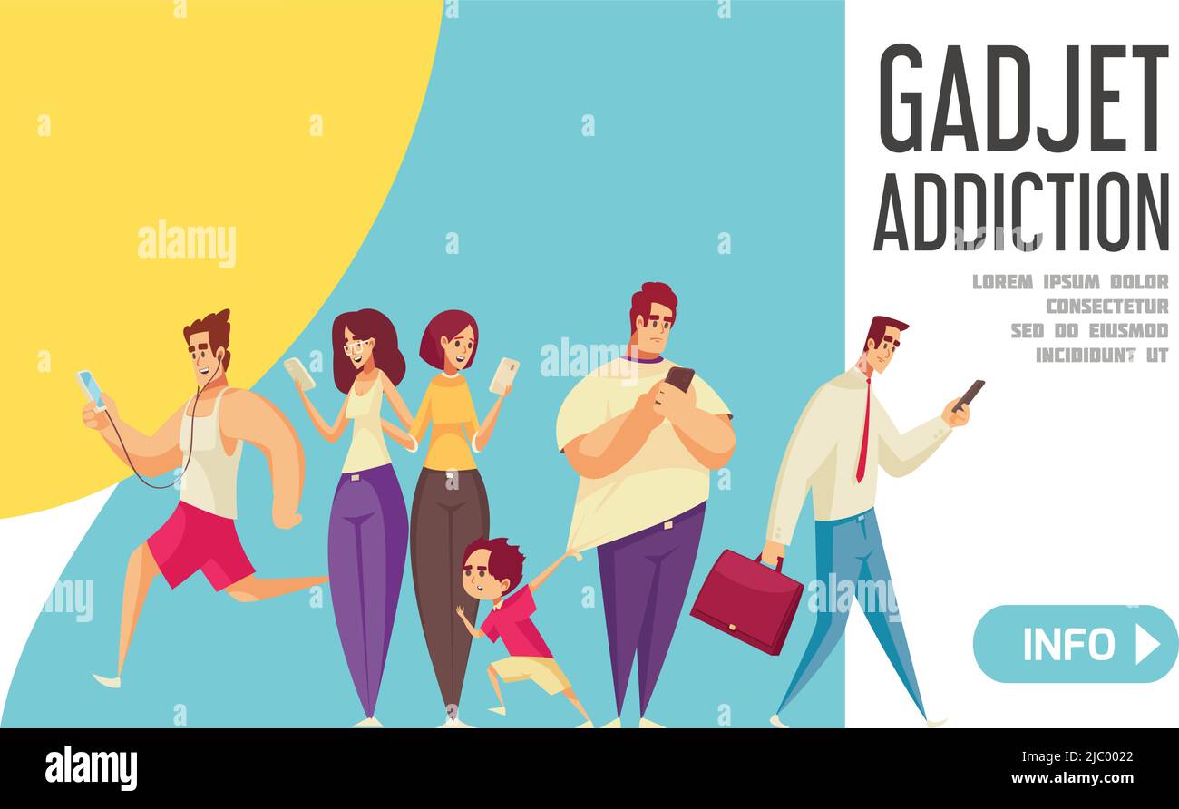 Gadget addiction landing page with people looking in their smartphones ...