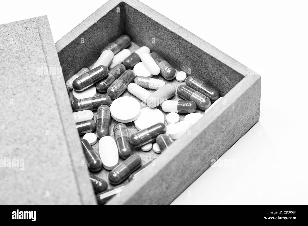 Prescription drugs of different shape and color in open pill box ...