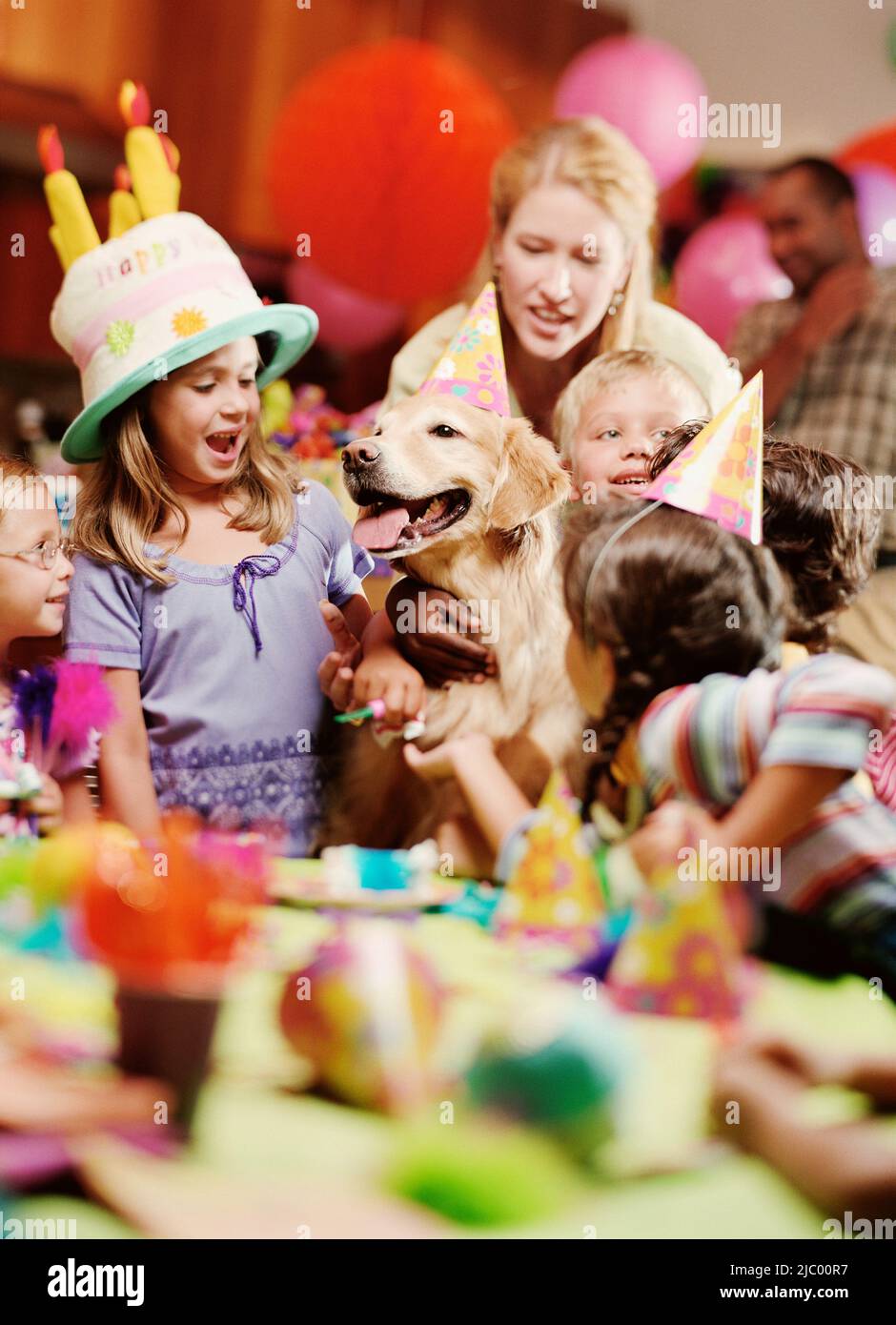 Group of children at birthday party with dog Stock Photo - Alamy
