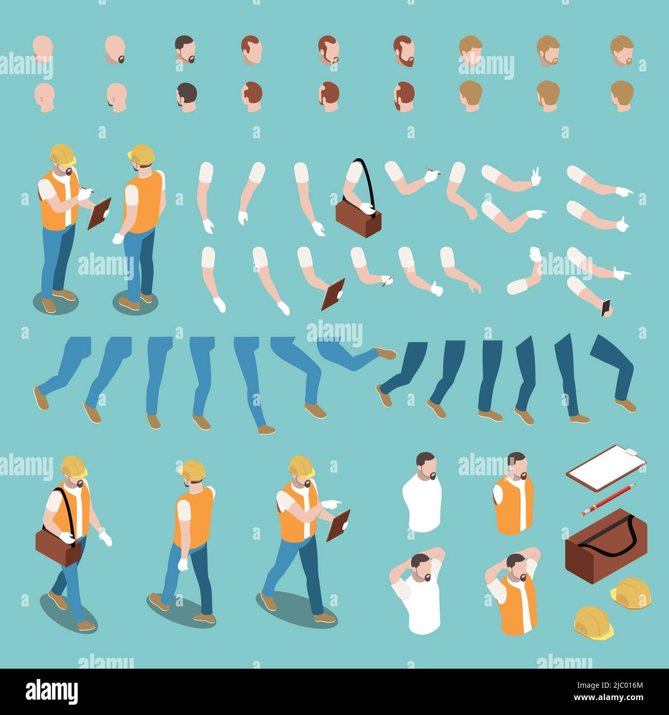 Male builder character constructor with uniform hand gestures legs hair ...