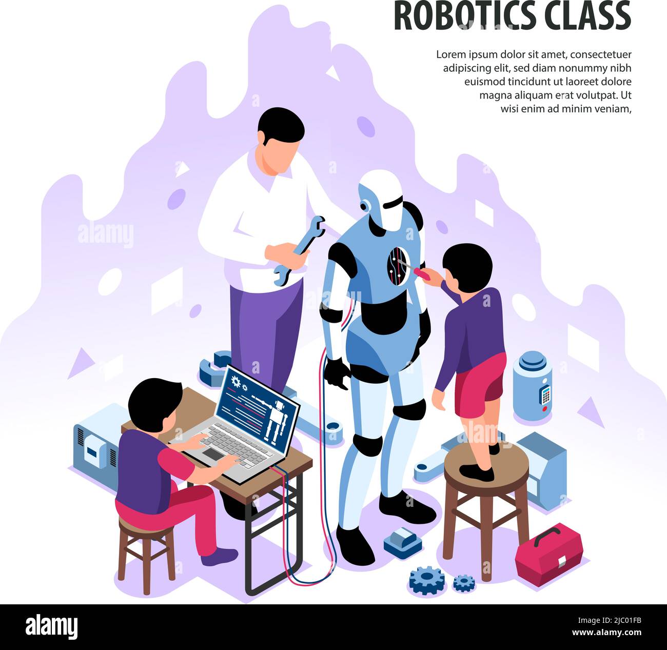 Isometric robotics kids education background composition with editable ...