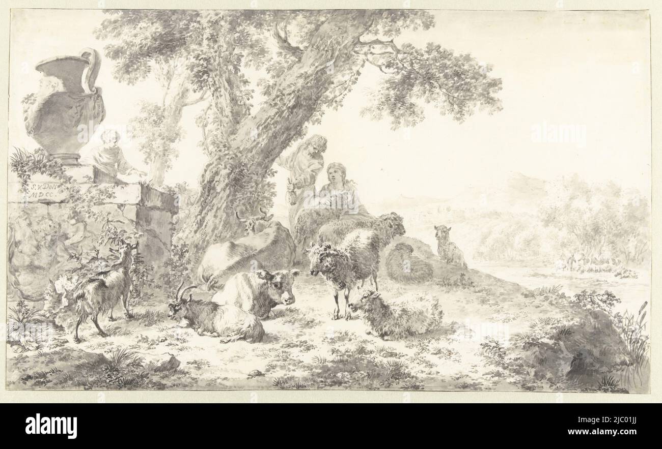 Shepherdess with their Flock under a Tree, Simon van der Does, 1700 ...