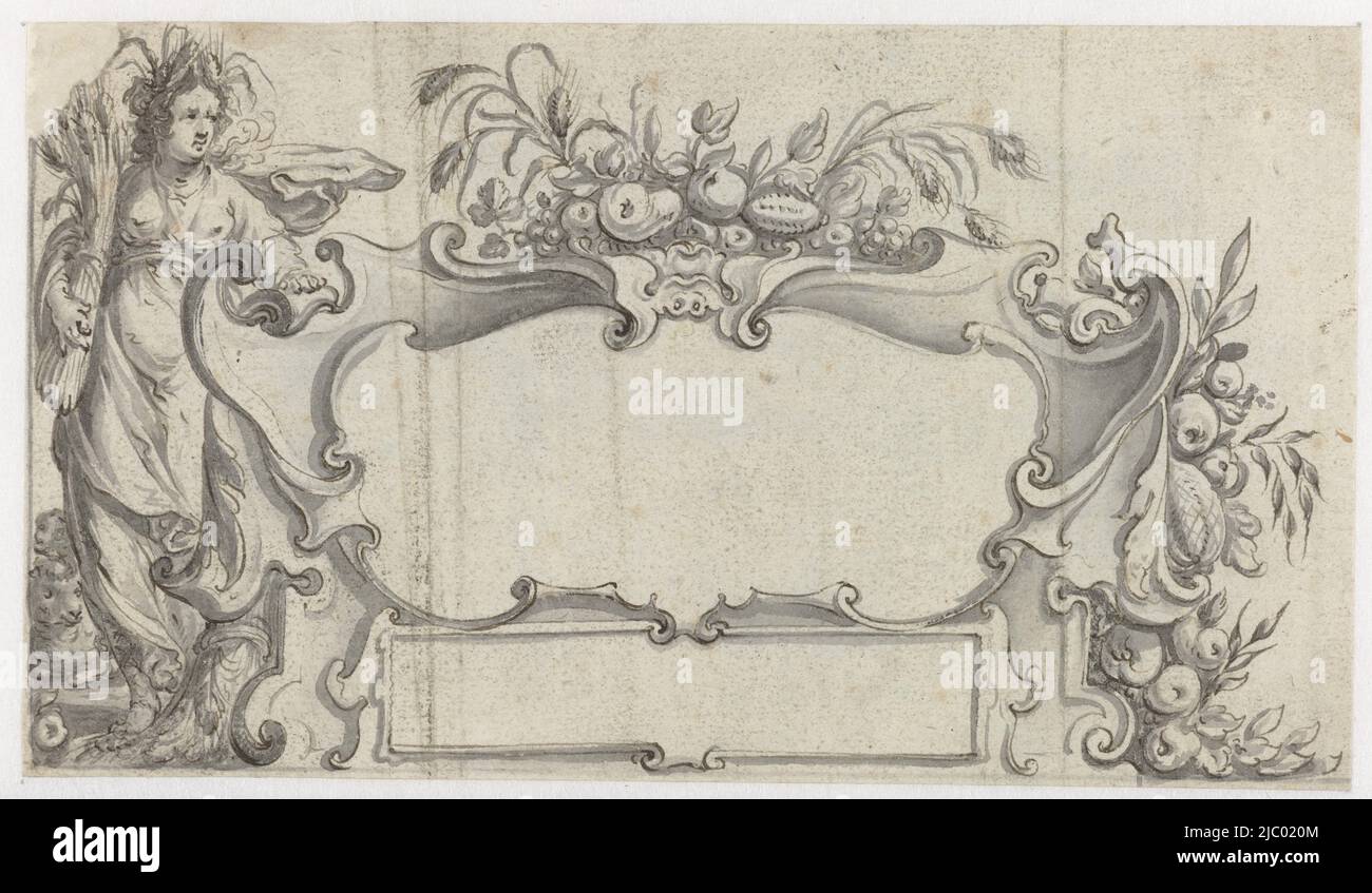 Cartouche surrounded by crops and a woman, Pieter Jansz, 1640 - 1645 ...