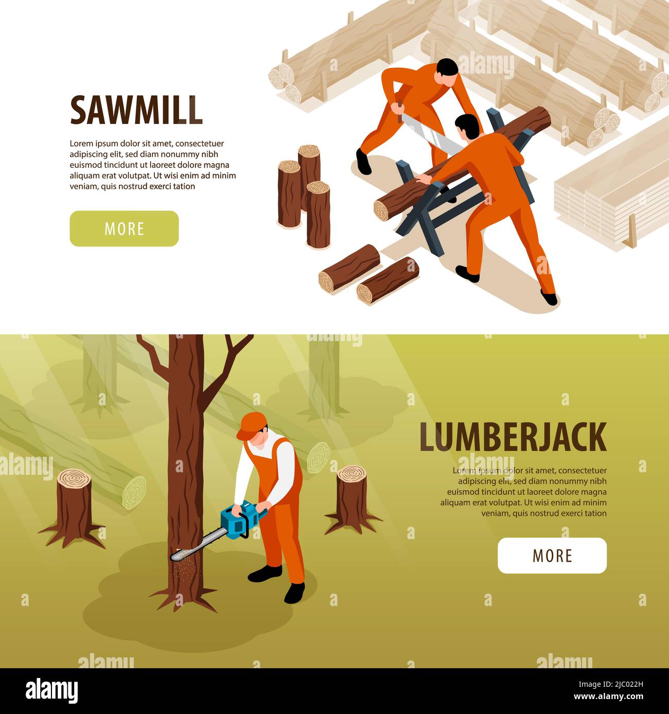 Isometric sawmill woodworking banners set with clickable buttons text ...