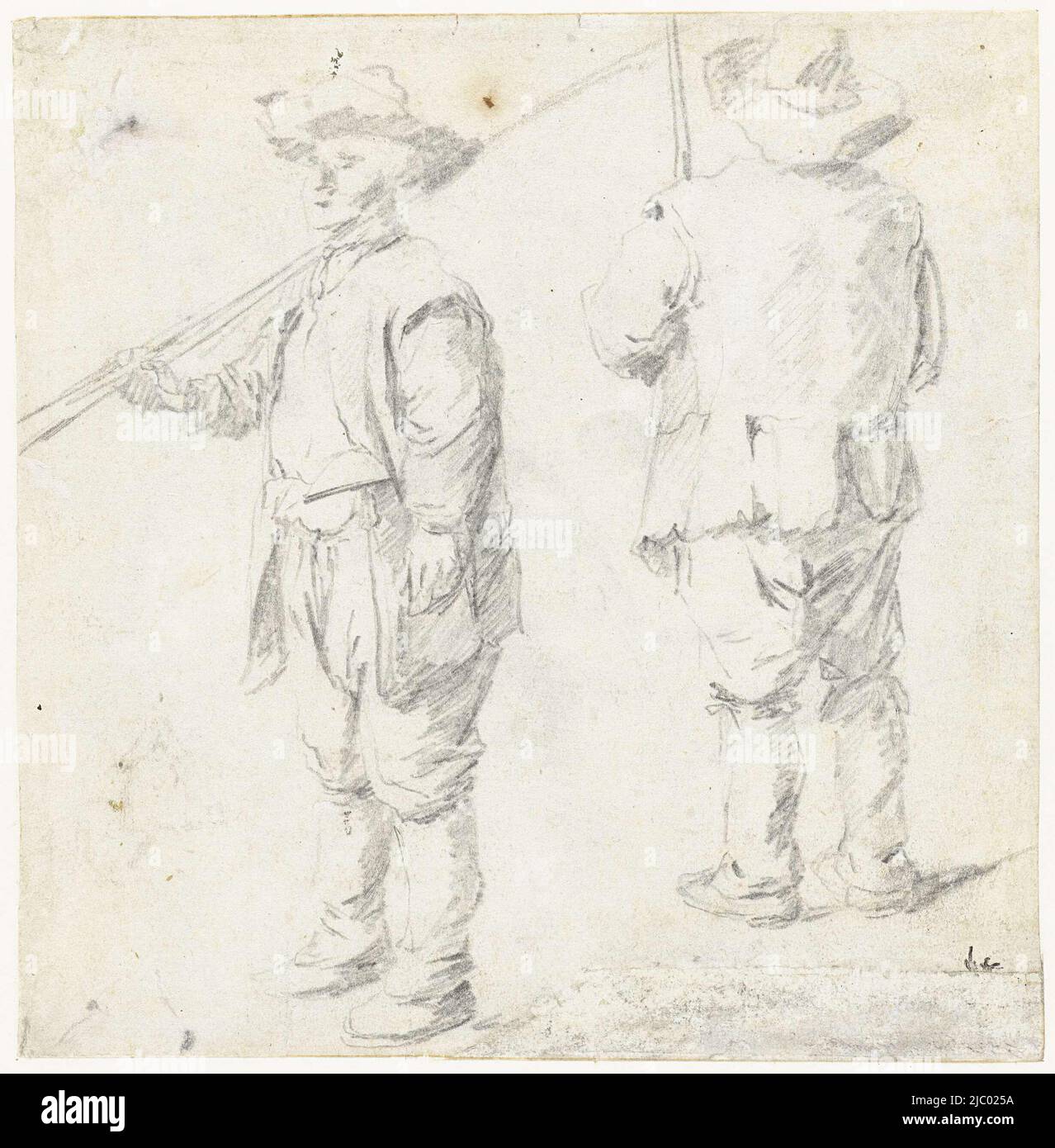 Two sketches of a standing man with a stick, David Teniers (II), 1620 - 1690, Standing man with ...