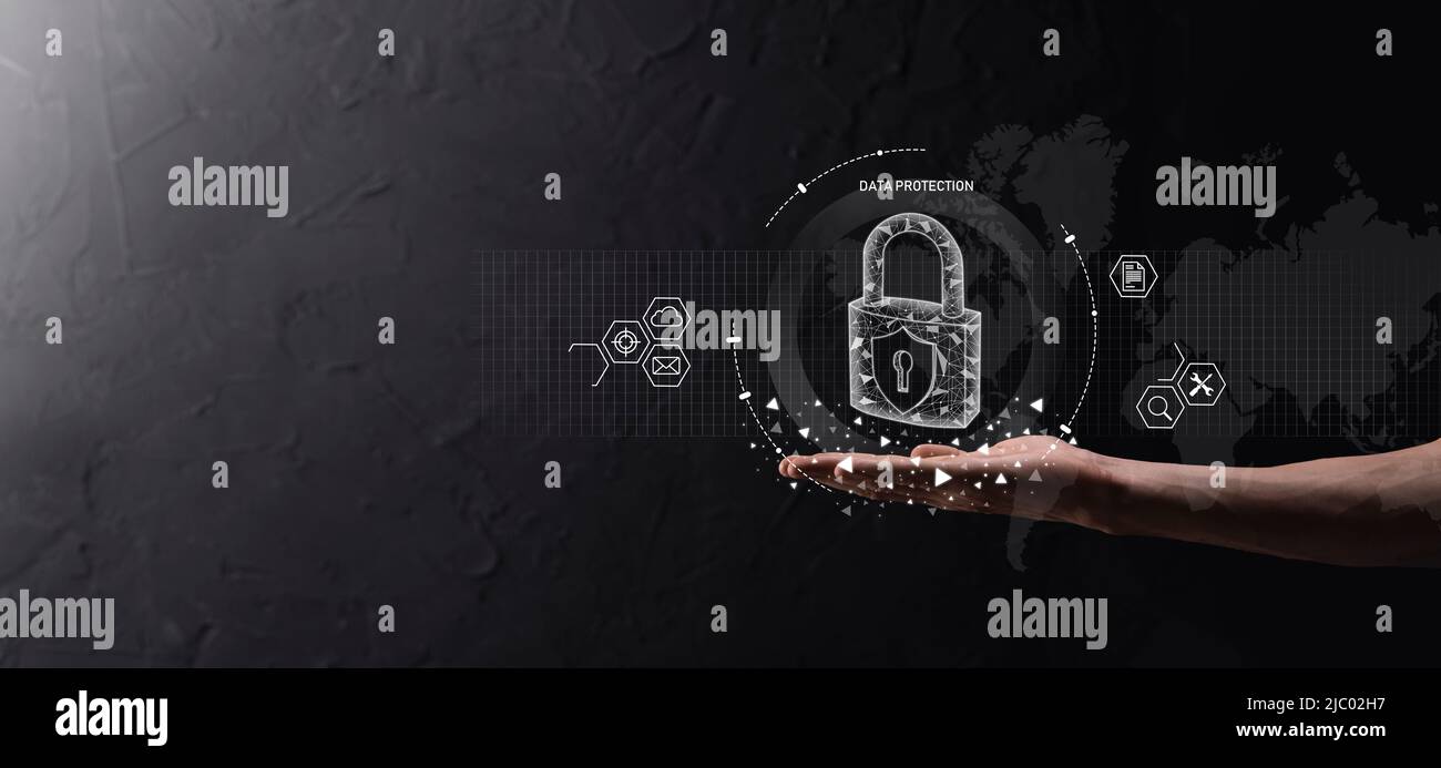 Cyber security network. Padlock icon and internet technology networking. Businessman protecting ...