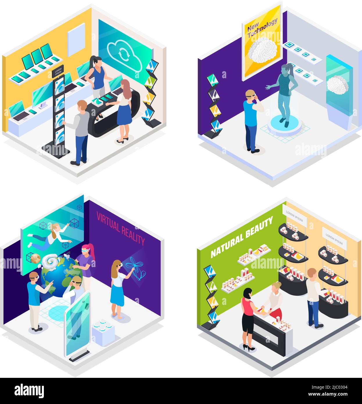 Modern technology exhibition halls 4 isometric compositions with ...