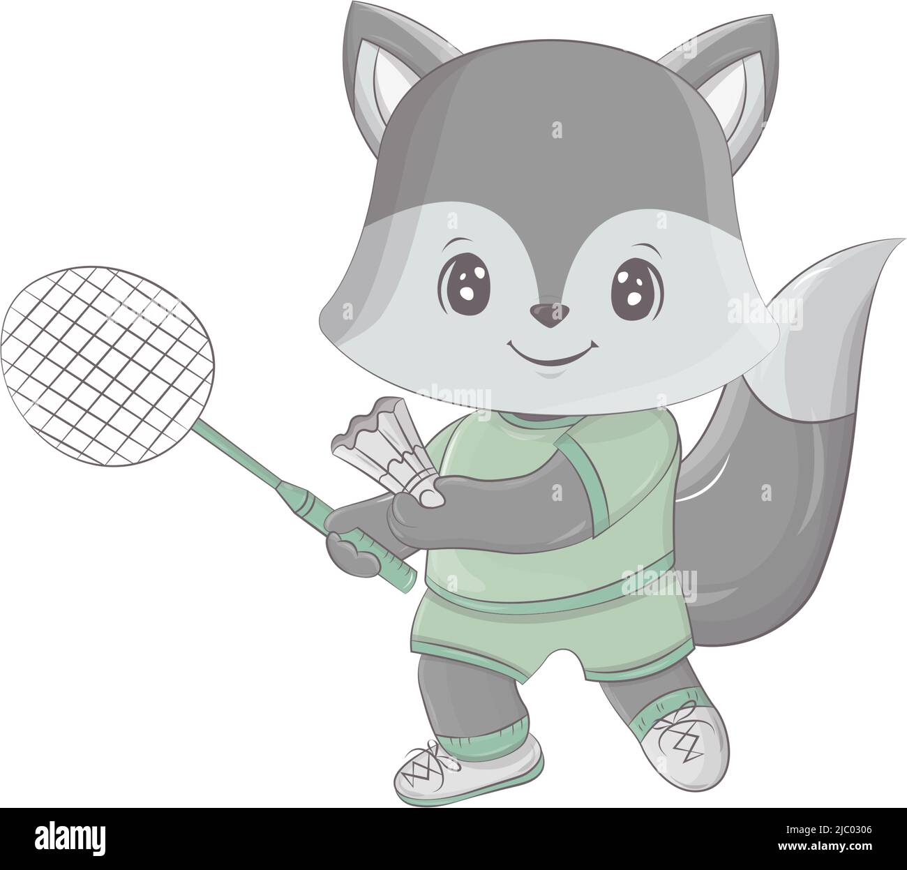 Illustration of a wolf playing badminton. Vector illustration of a cute ...