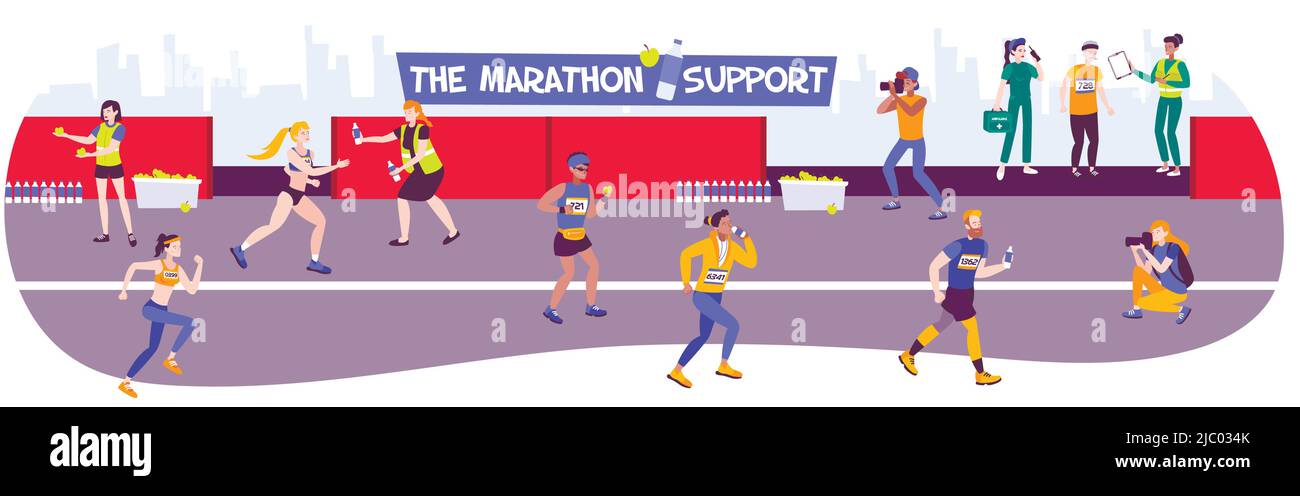 Runner horizontal composition with view of race track and characters of ...