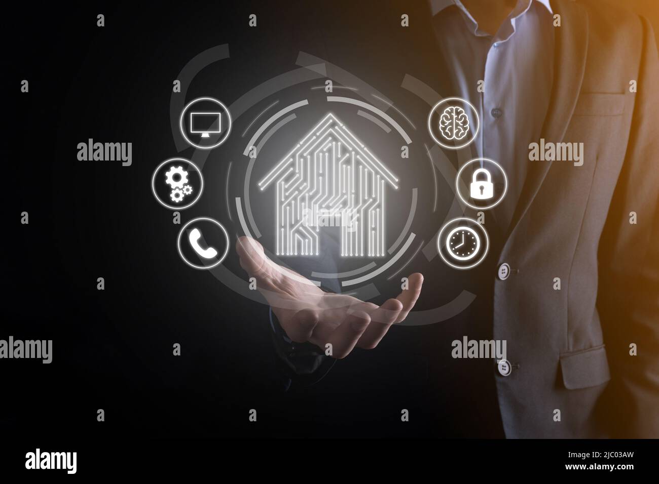 Businessman hold house icon.Smart home controlled, intelligent house ...