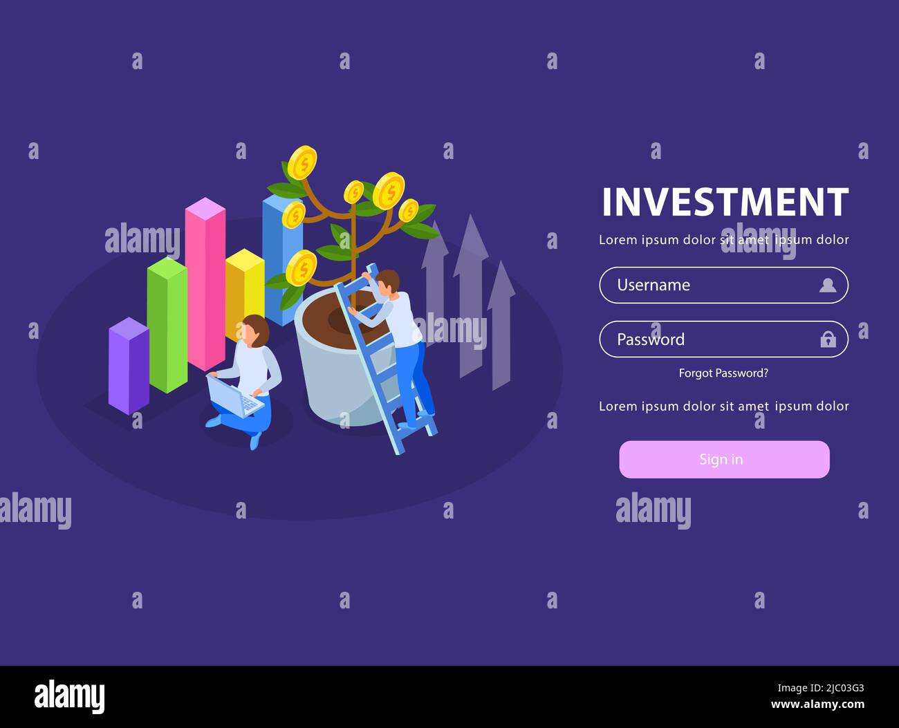 Investment isometric web site login page background with images of ...