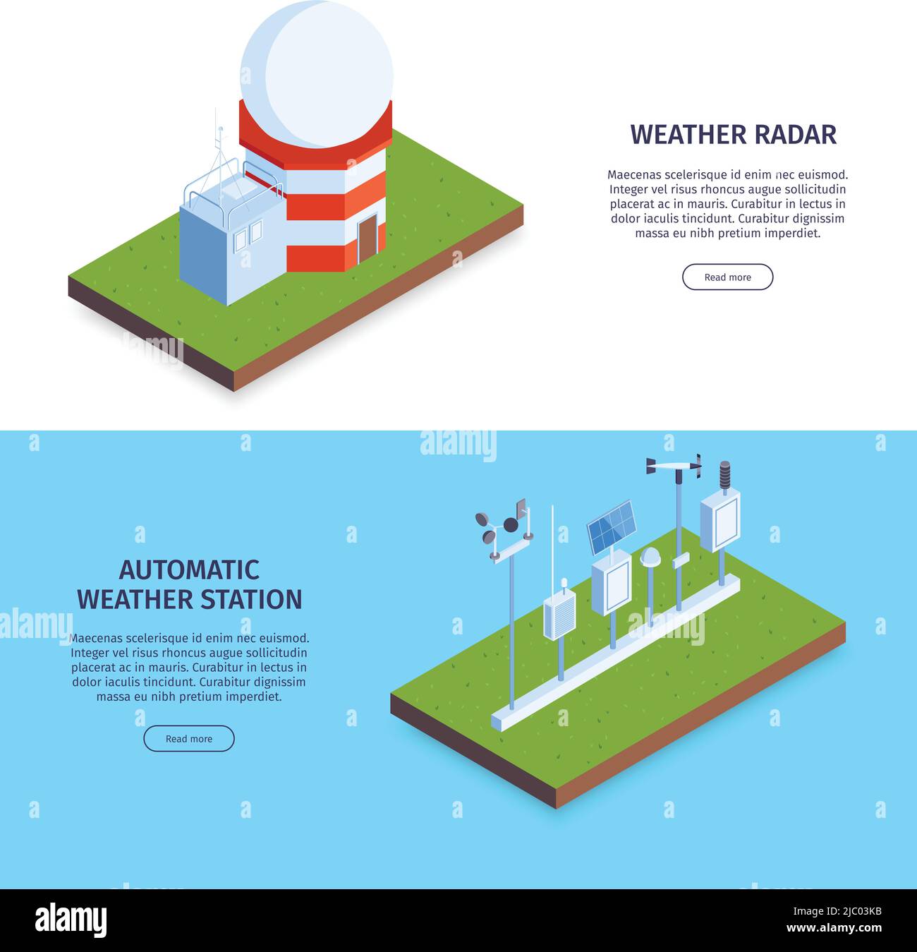 Set of two isometric meteorological center horizontal banner with ...