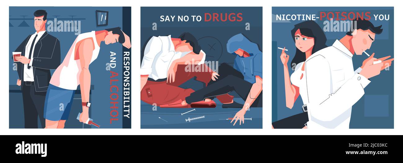 Addiction set with three square compositions of text and people ...