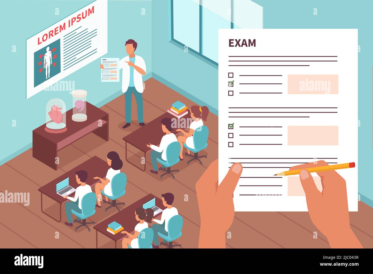 Students in exam design concept with teacher explaining to students how ...