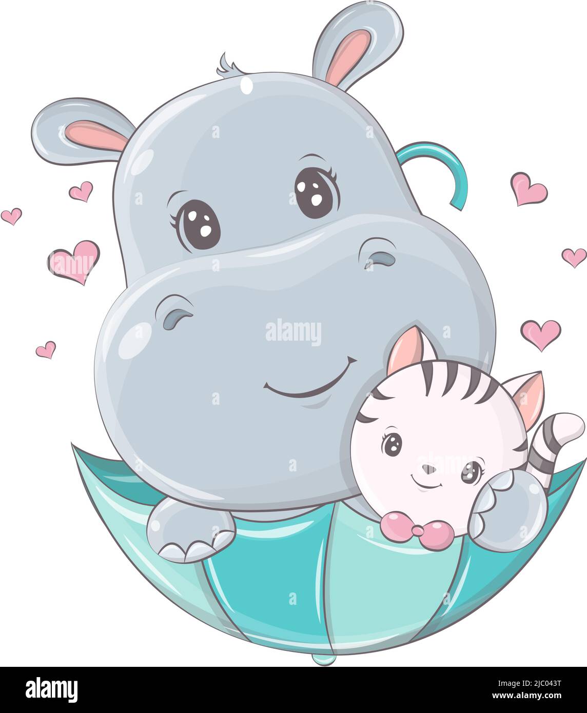 Cute hippo in an umbrella with a cat. Cute little illustration of ...