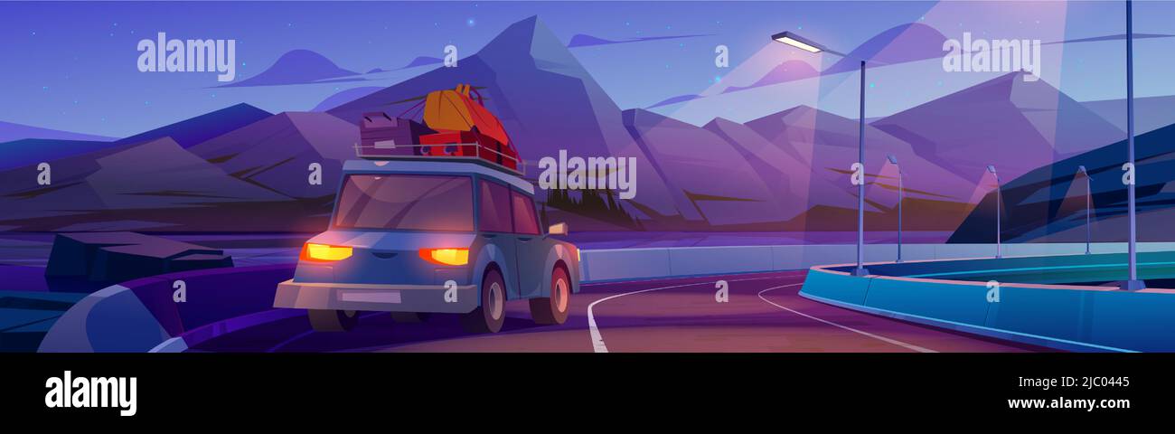 Night road trip by car, family travel on auto with bags on roof driving ...
