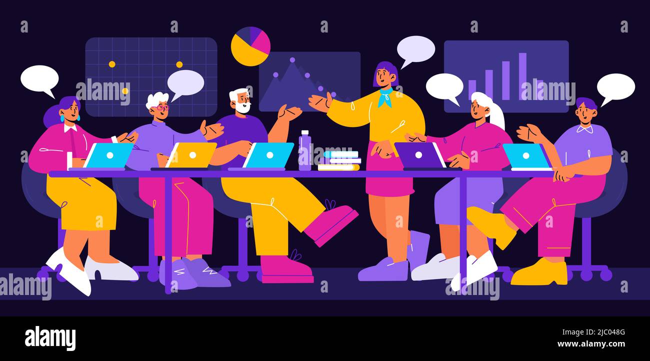 Analytics team work with data on dashboard and laptops. Vector flat ...