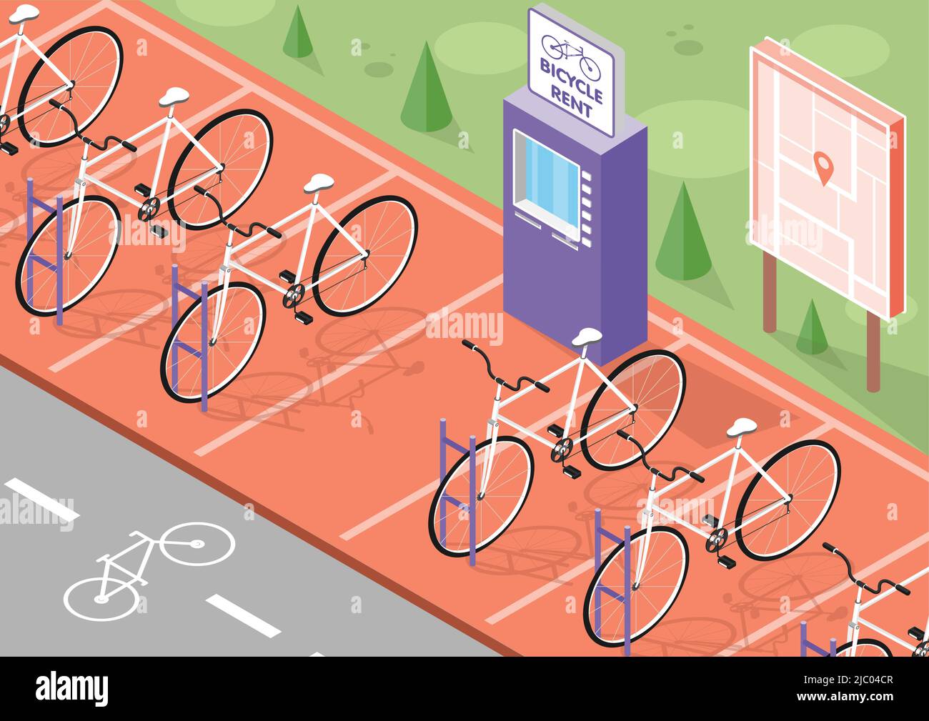 Bicycle rent isometric background with bike parking and map vector ...