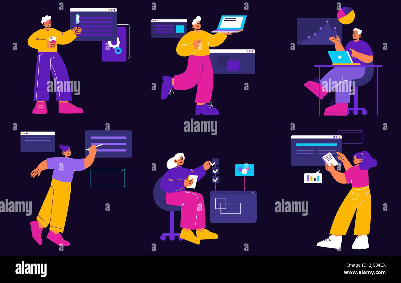 Process Of Mobile And Web App Development Computer Software Digital Interfaces Vector Flat