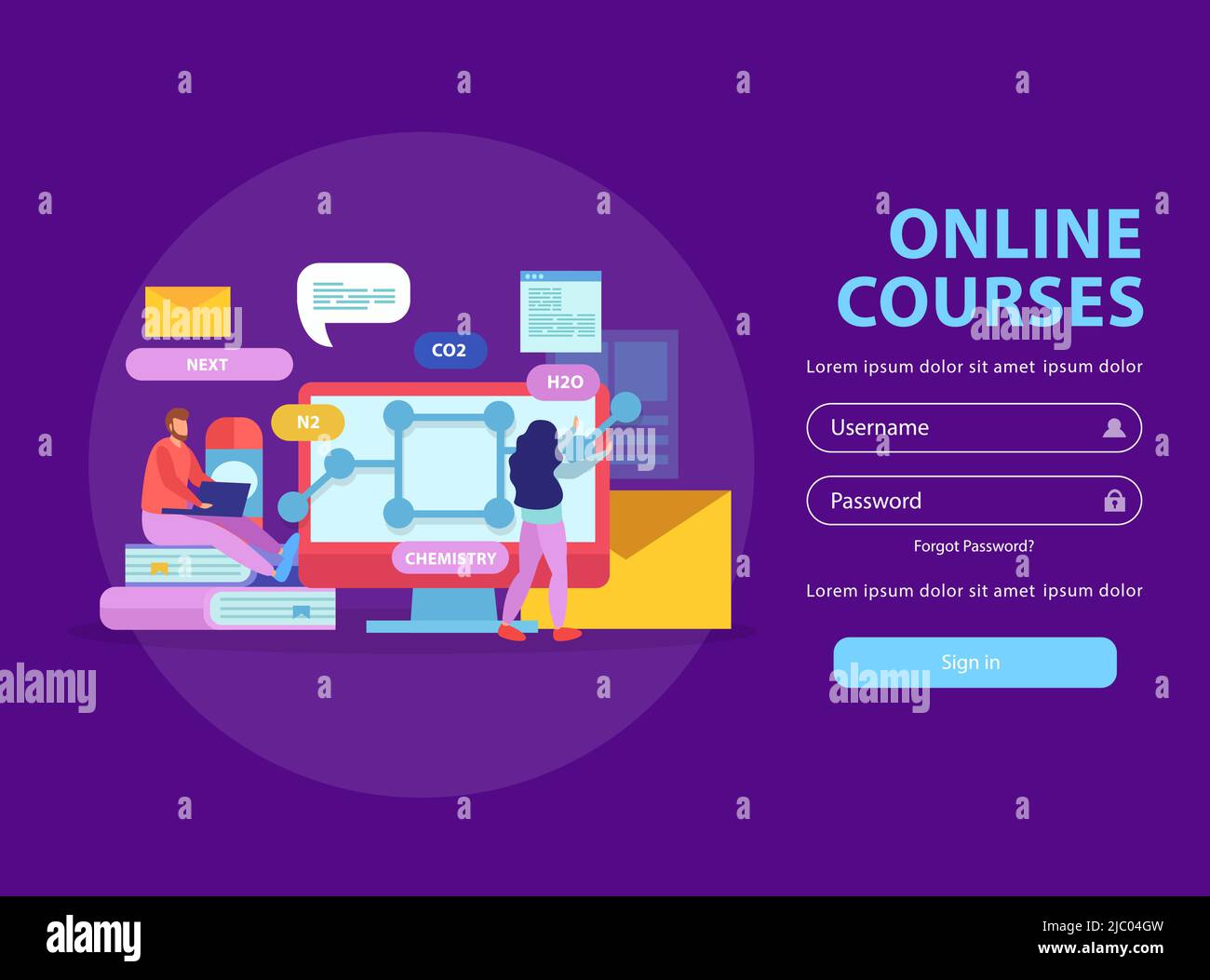 Online education flat background website login page with sign in button ...