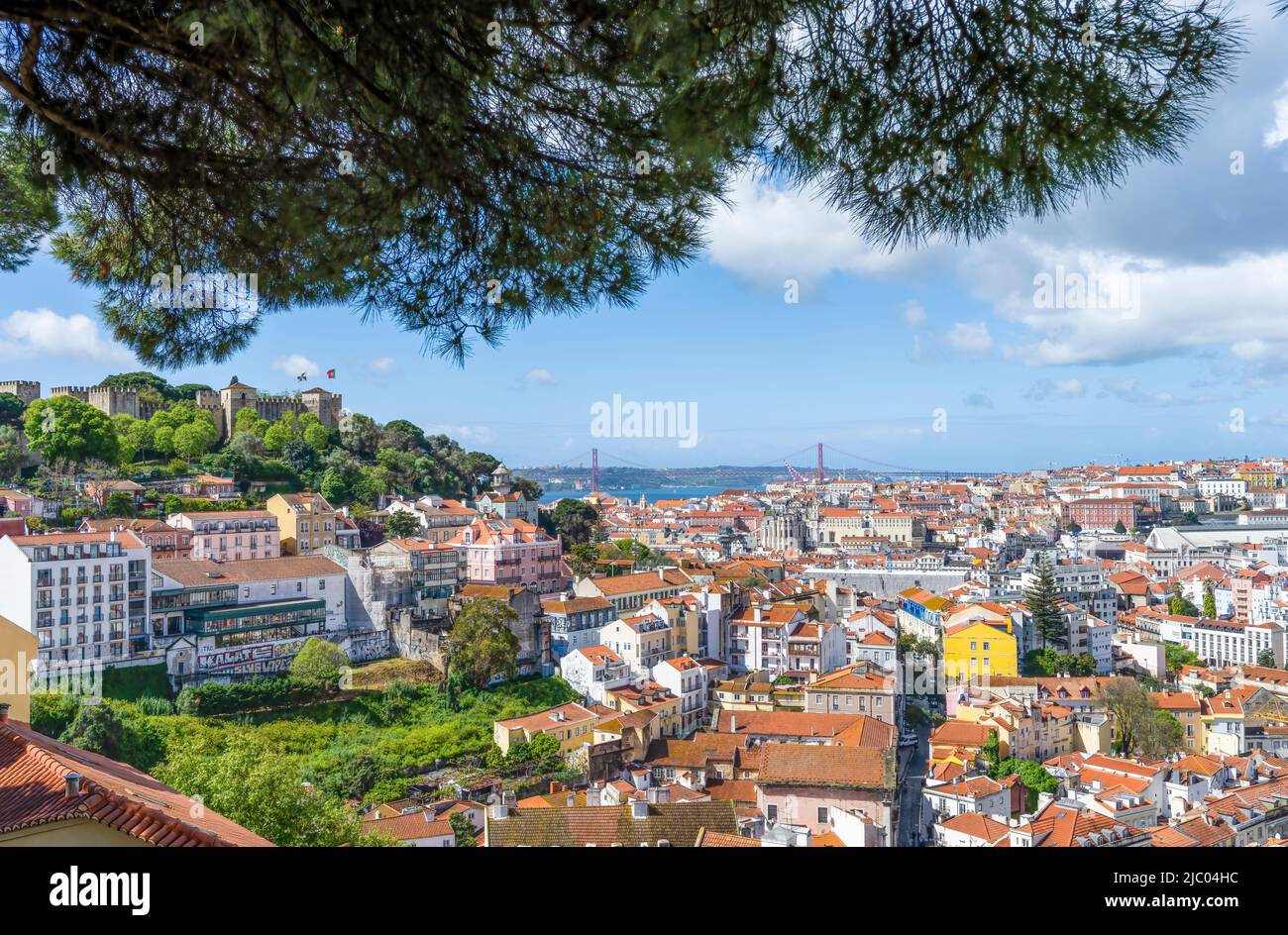 View across the rooftops of houses in the centre of Lisbon, capital ...