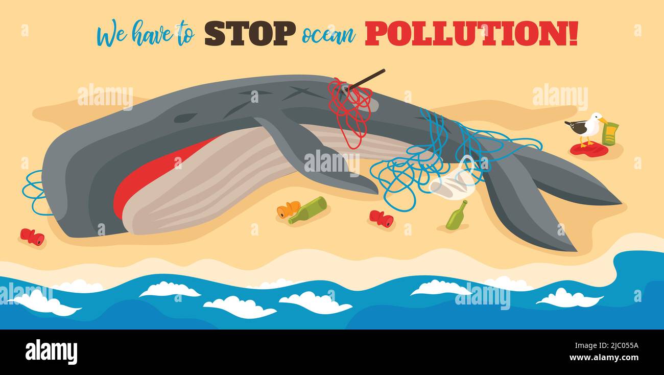 Ocean pollution isometric poster with big dying whale entangled in ...