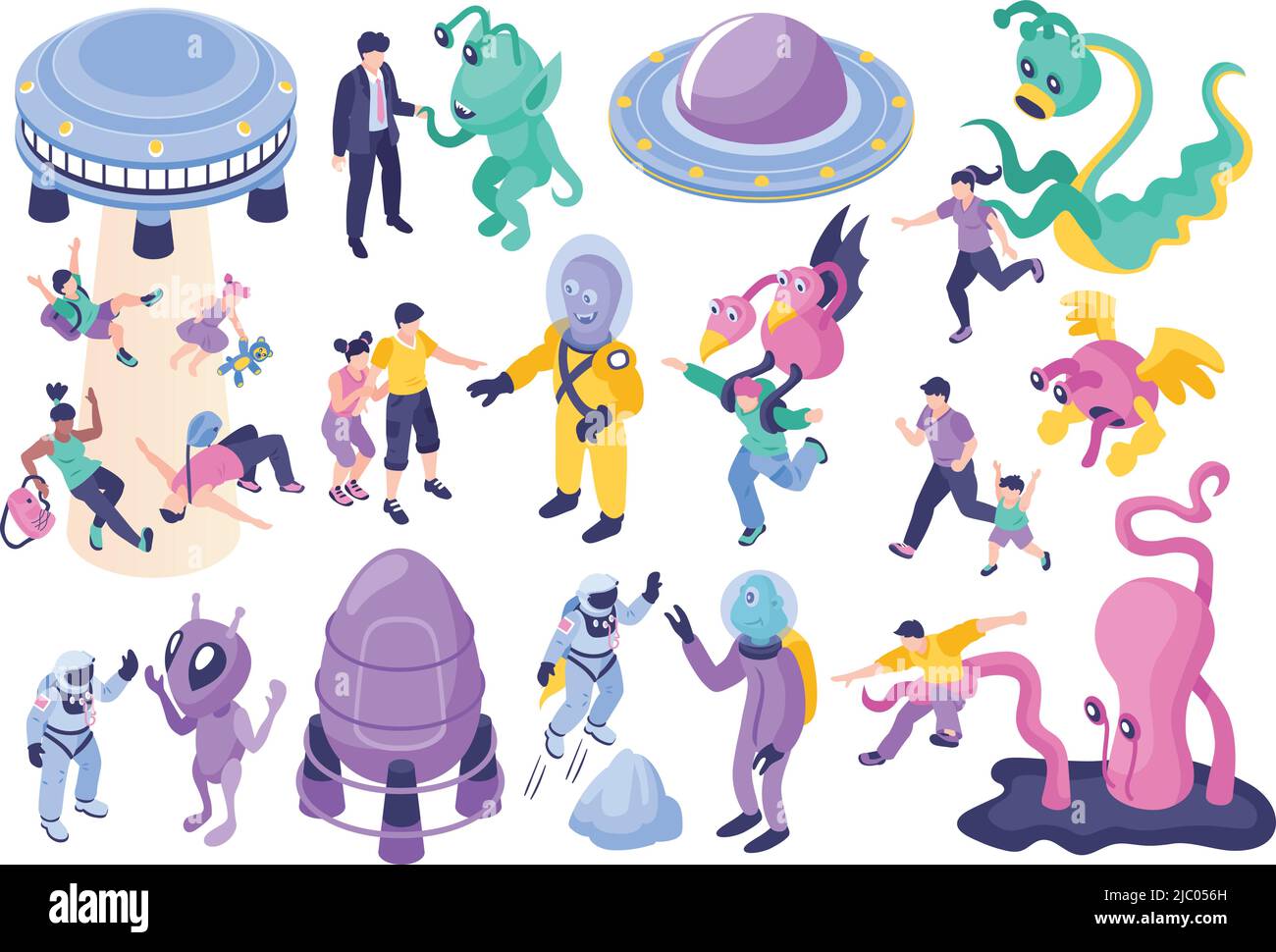 Ufo and aliens cartoon set of fantastic monstrous characters chasing ...