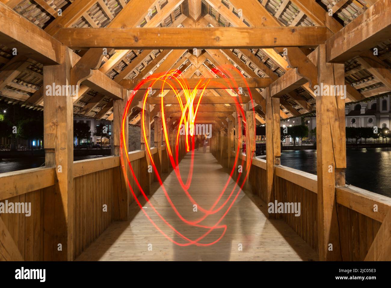 Light Painting a Heart Shape Inside Chapel Bridge at Night in Lucerne ...