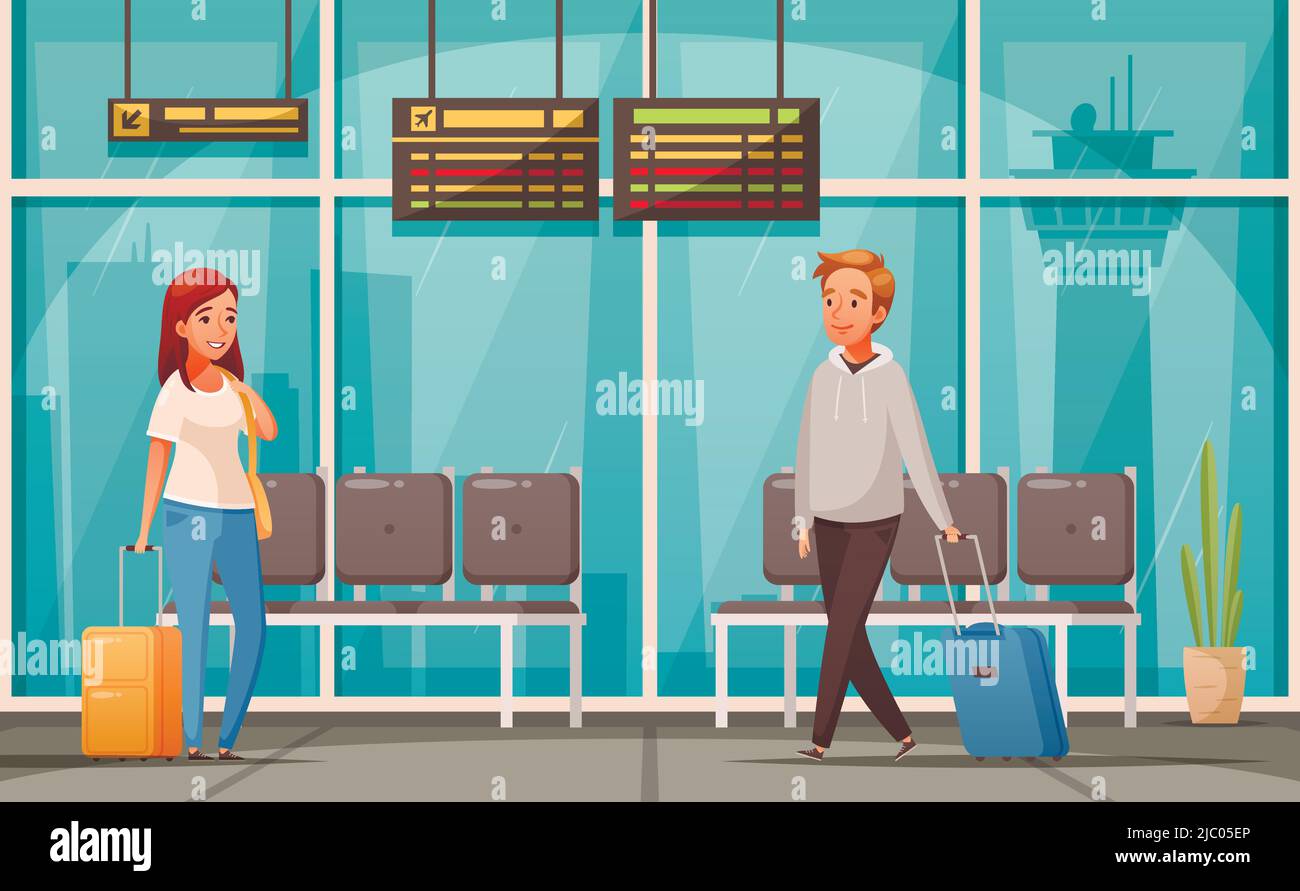 Cartoon background with two passengers with suitcases in airport ...