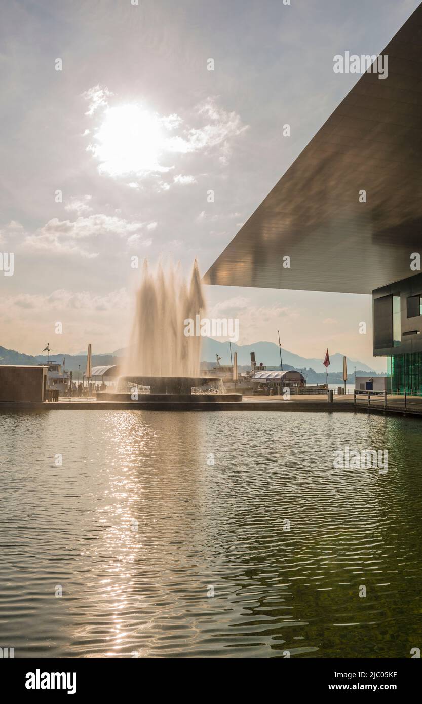 Water Pool and Fountain and KKL Concert Hall Building in Lucerne ...