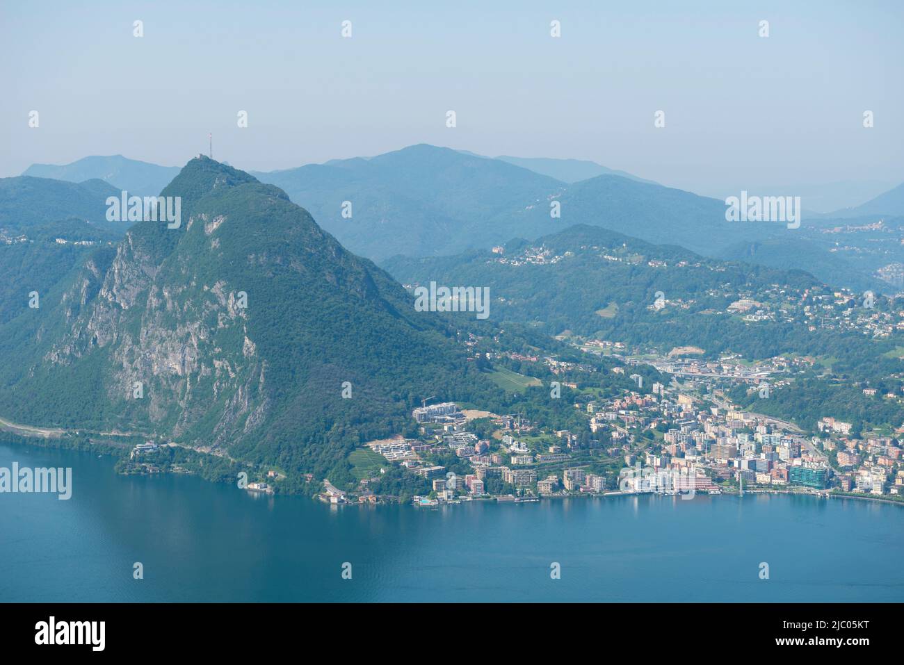 Panoramic View over City of Lugano and Mountain Peak with Alpine Lake ...