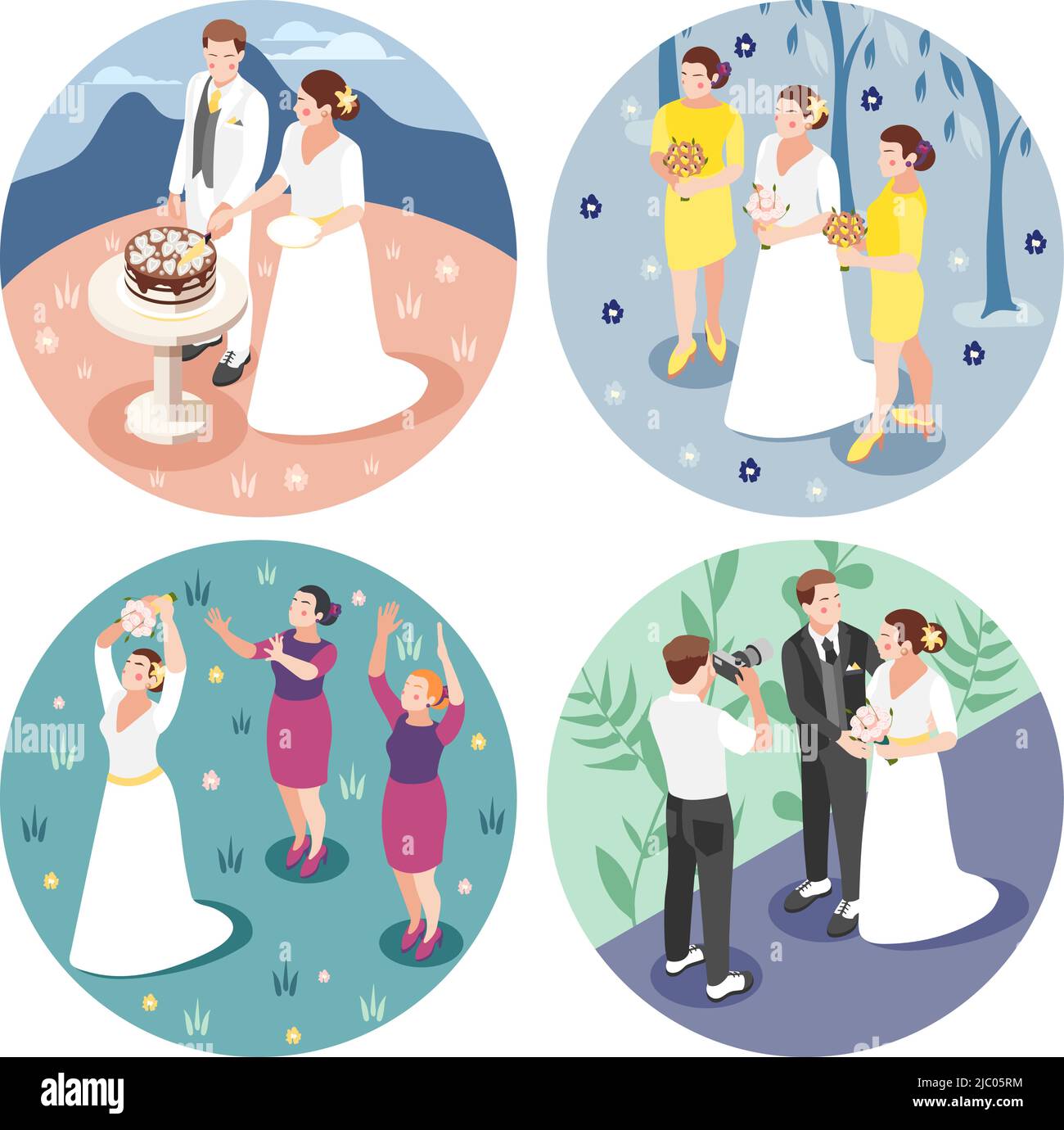 Wedding 2x2 design concept with bride and groom photographed cutting ...