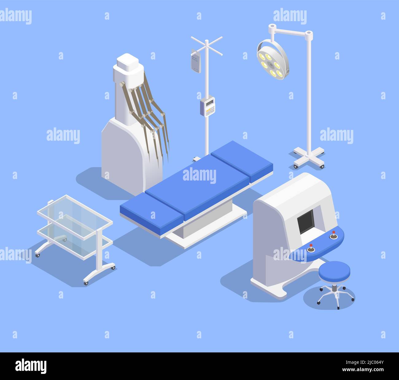 Medical equipment isometric composition with images of patient table ...