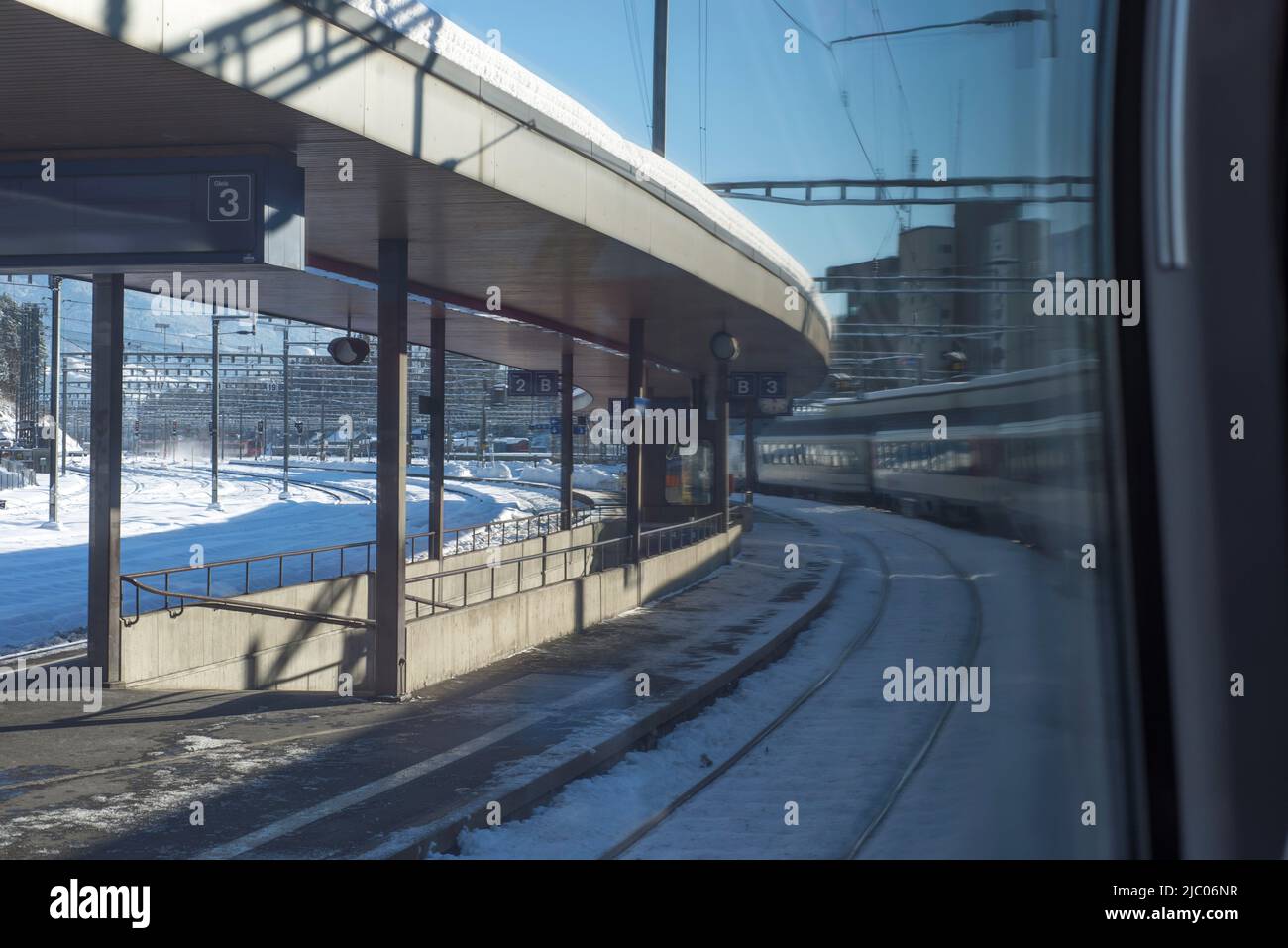 Railroad Station in Winter with Snow in a Sunny Day in Switzerland ...