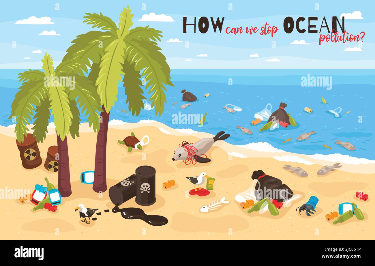 Stop ocean pollution isometric poster illustrated plastic bottles ...