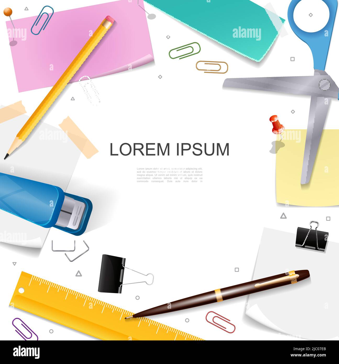 Realistic stationery bright template with scissors pen pencil ruler ...