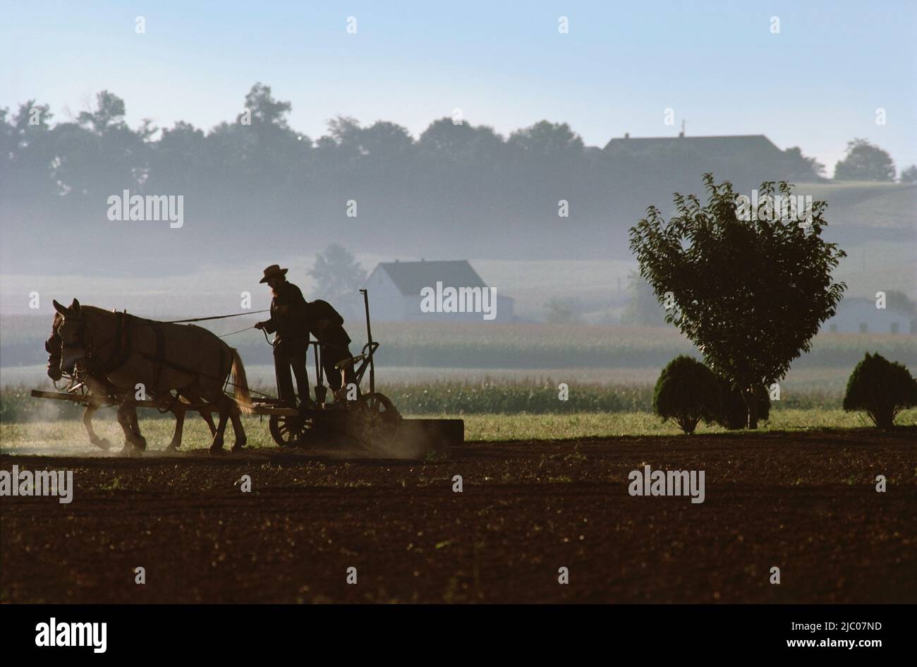 Men using horse drawn plow on Amish Farm, Lancaster, Lancaster County ...